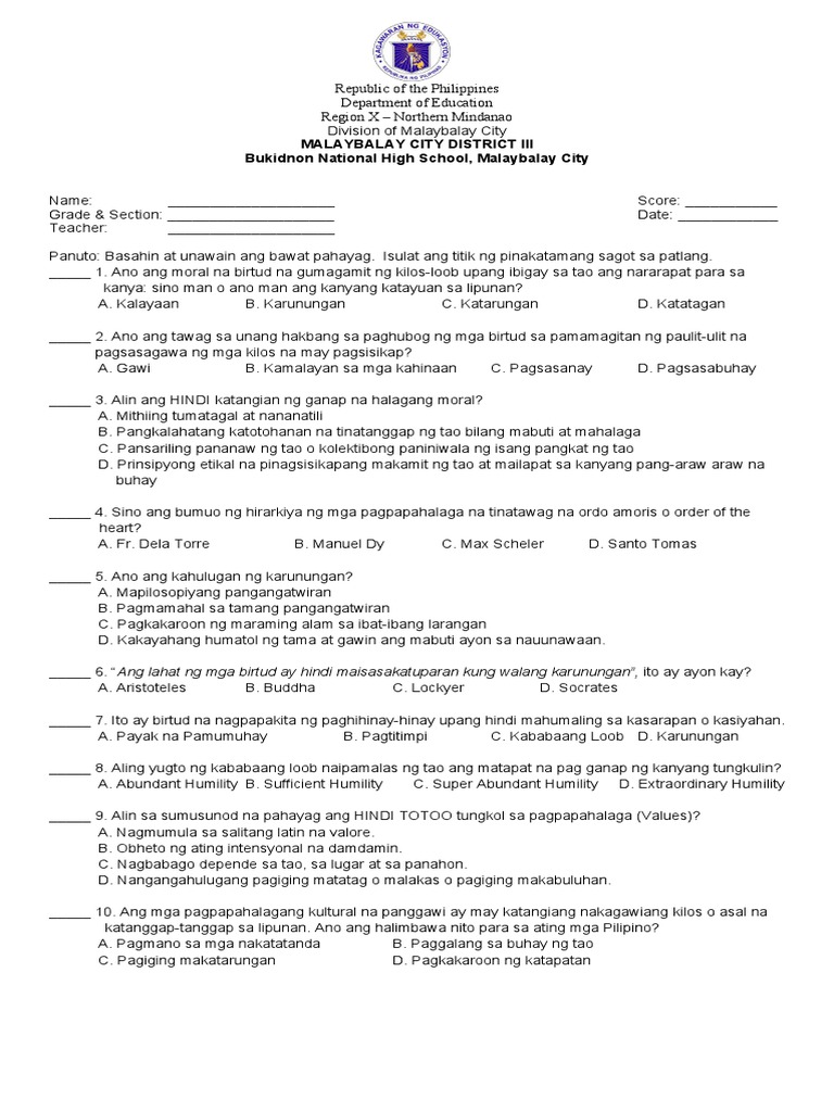 EsP7 Q3 ASSESSMENT ANSWER KEY | PDF