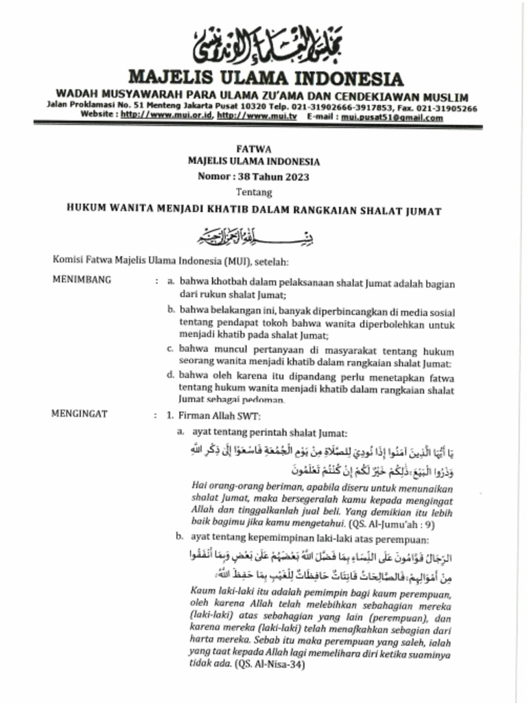 Fatwa MUI Nomor 38 Tahun 2023 Tentang Hukum Wanita Menjadi Khatib Dalam ...