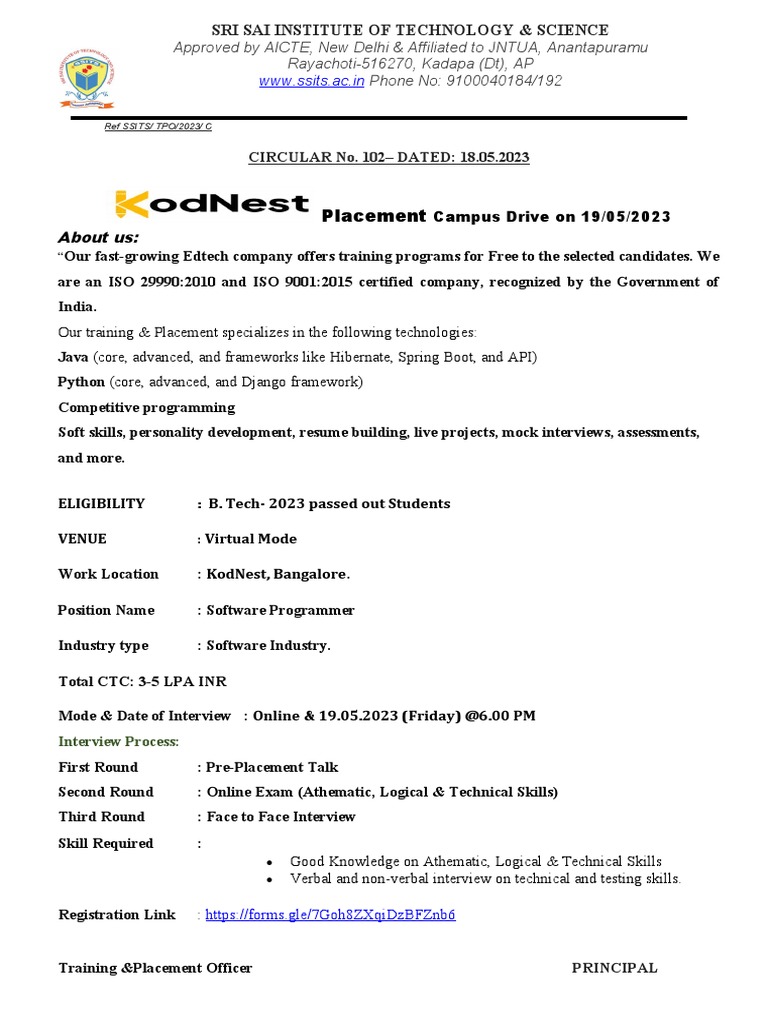 Kodnest Placements Circular On 19 05 2023 Pdf 