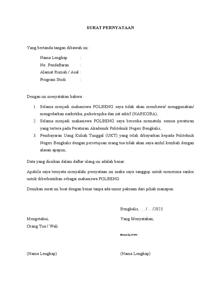 Surat Pernyataan (Bermaterai)(1) | PDF