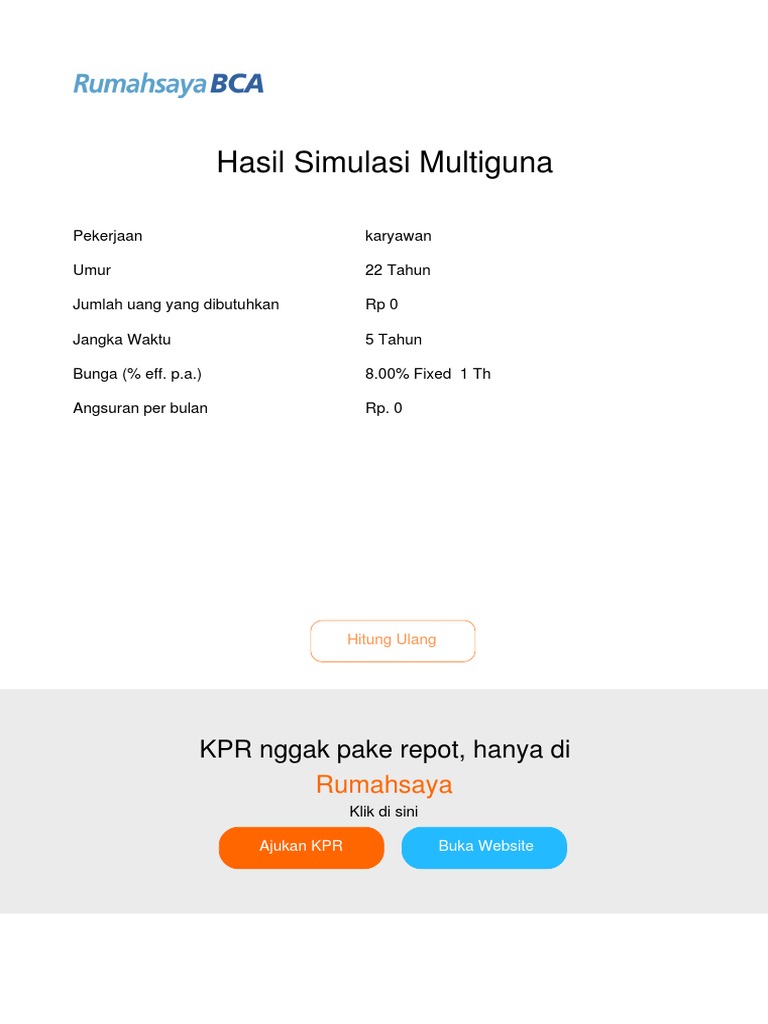 Hasil Simulasi KPR BCA Multiguna | PDF