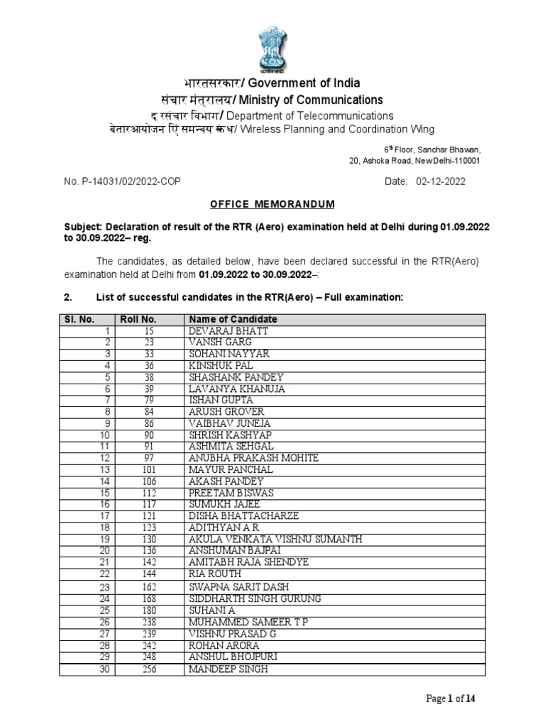 Declaration of Result of The RTR-Aero Examination Held at Hyderabad ...