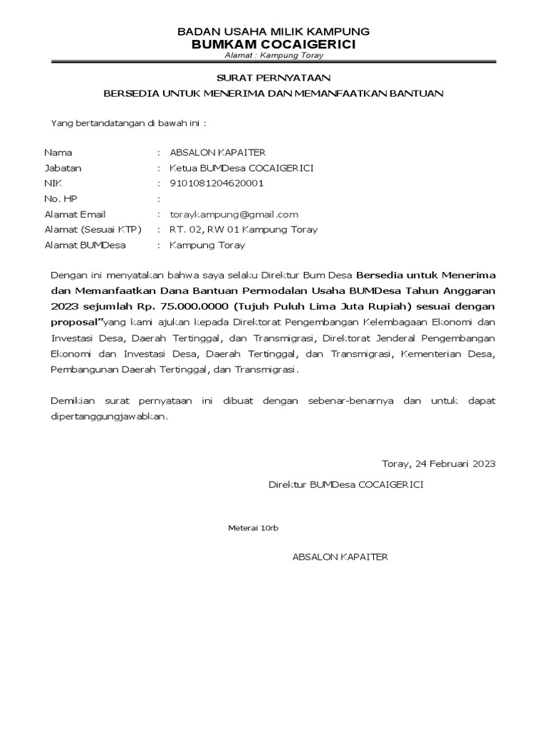 Format 5 Surat Pernyataan Bum Desa | PDF