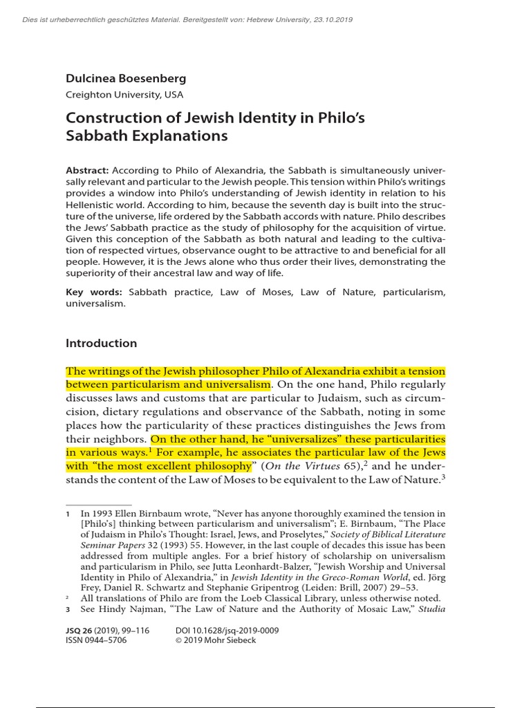 Boesenberg, Construction of Jewish Identity in Philos Sabbath ...
