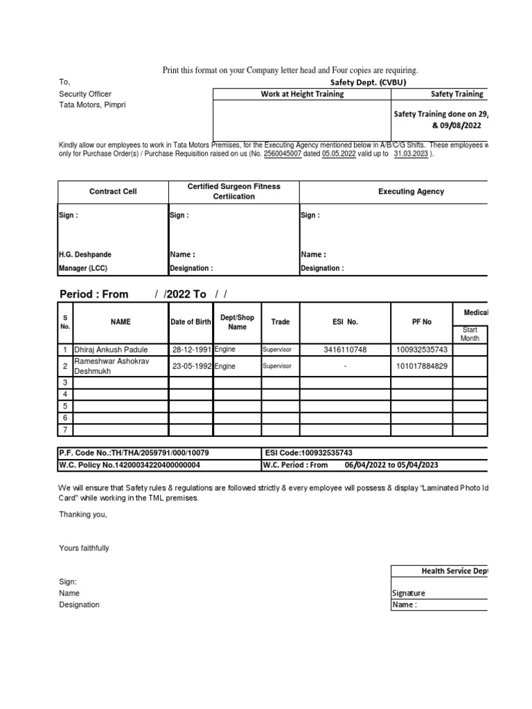 New Gate Pass Format Pimpri (1) For Contractors 03.09.19 | PDF ...