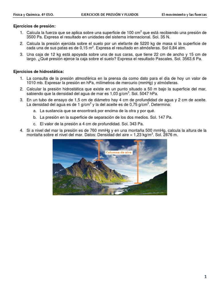4eso Presion Fluidos Ejercicios | PDF | Presión | Pascal (Unidad) 4eso Presion Fluidos Ejercicios | PDF | Presión | Pascal (Unidad)