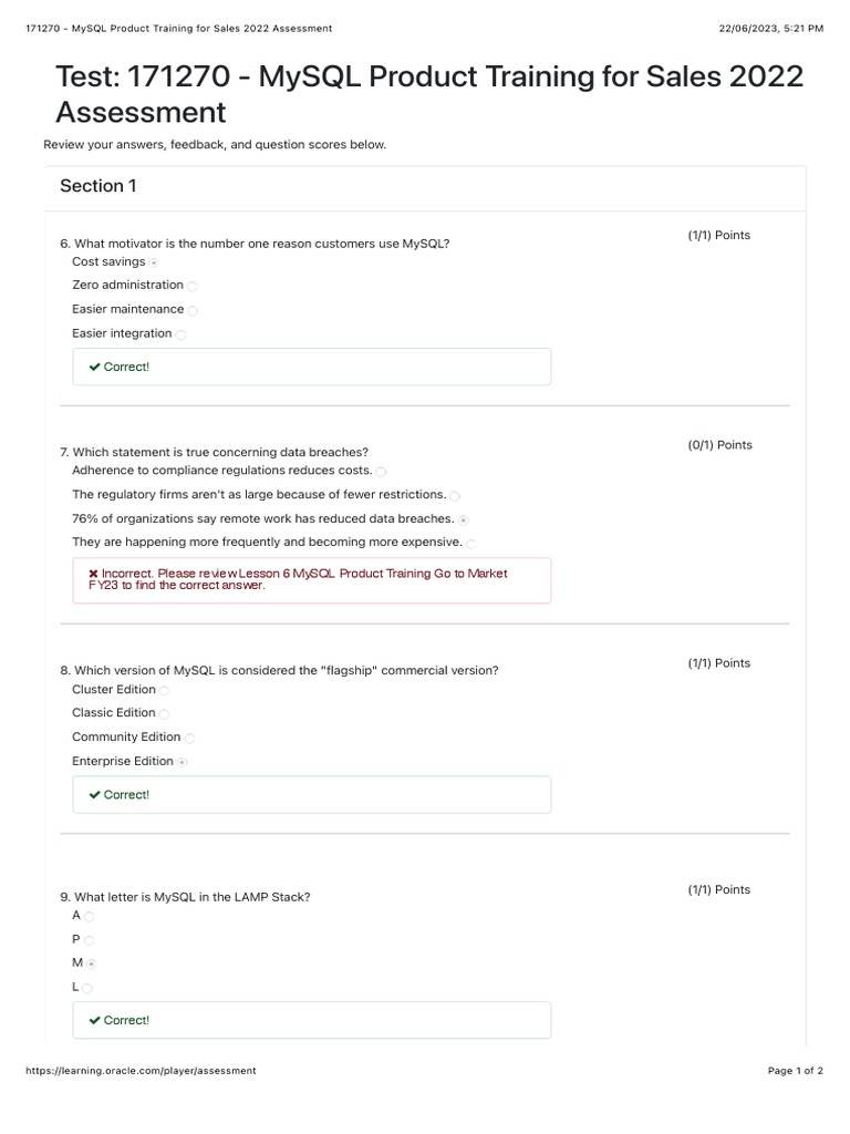 MySQL Product Training For Sales 2022 Assessment | PDF