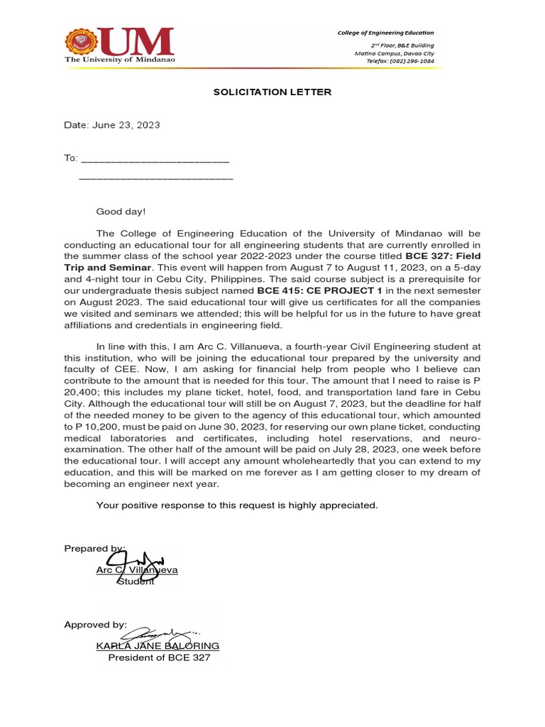 Solicitation Letter for Educational Tour | PDF