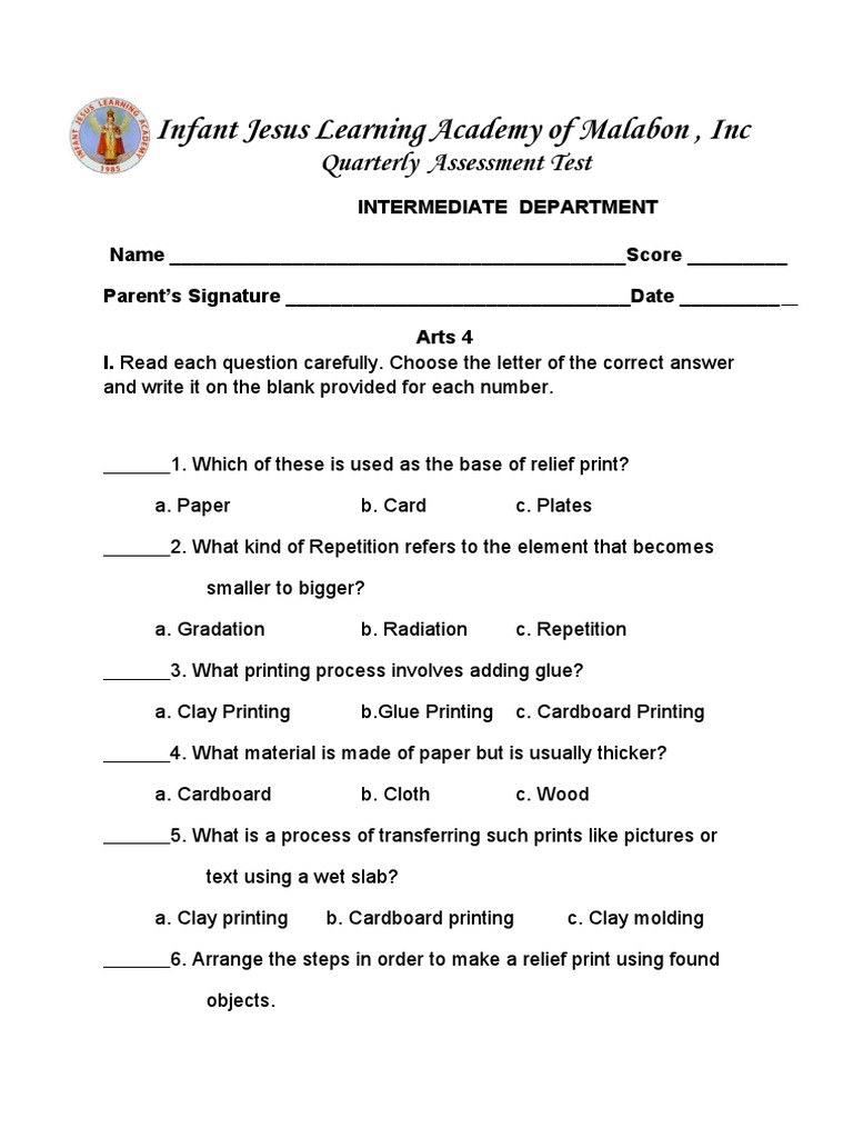 Arts 4 Quarterly Assessment Test | PDF | Printing | Adhesive