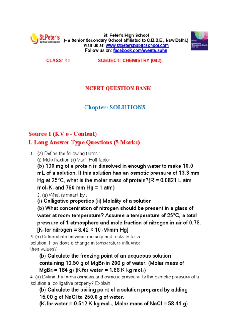 XII CHEMISTRY_ CH 02 _ SOLUTIONS_ QUESTION BANK | PDF | Concentration | Mole (Unit)
