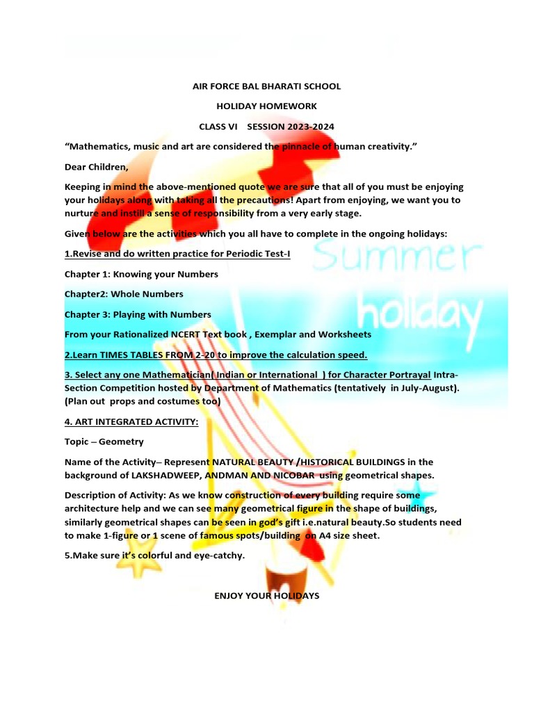 HOLIDAY HOMEWORK CLASS 6 2023-24 | PDF