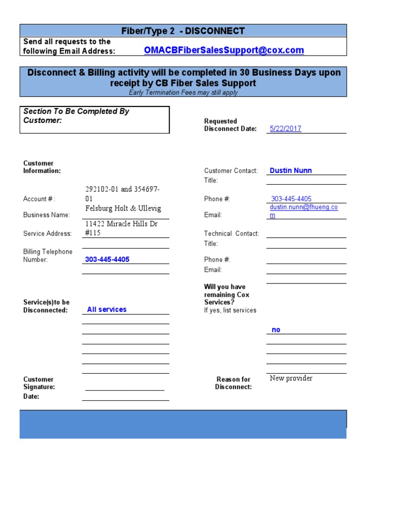 COX - Fiber Disconnect Form | PDF