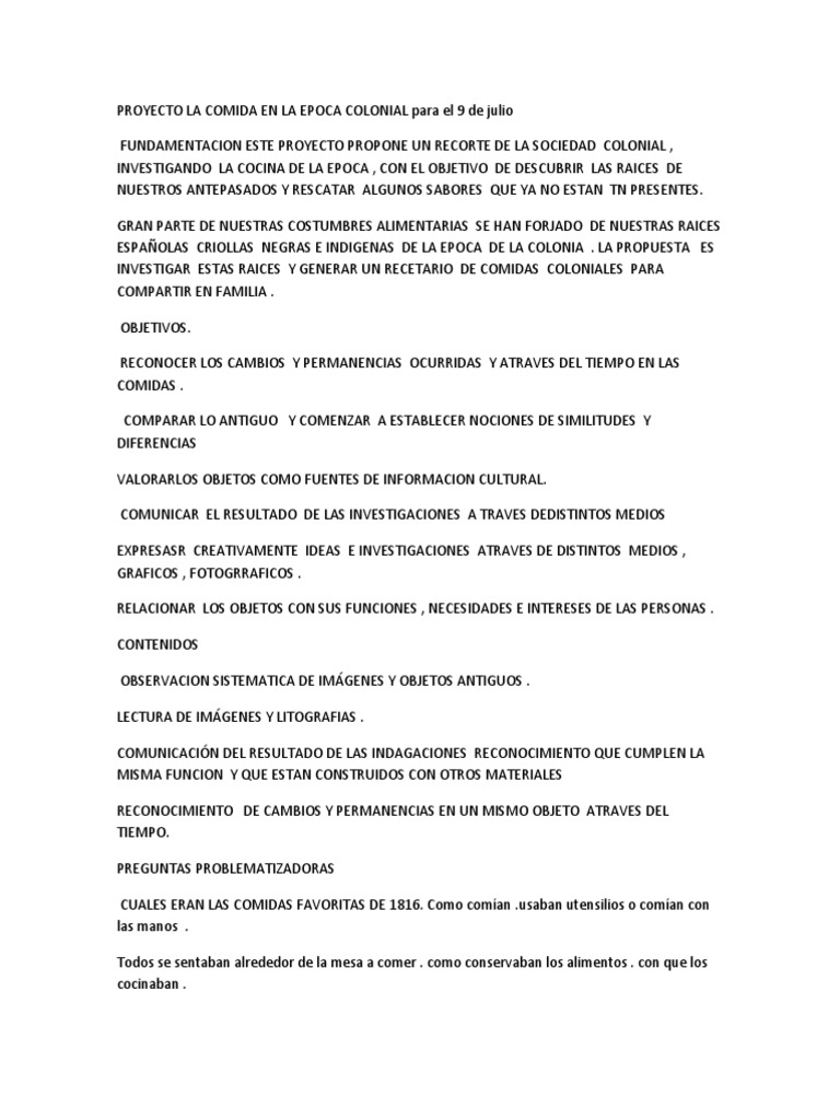 PROYECTO LA COMIDA EN LA EPOCA COLONIAL para El 9 de Julio | PDF ...