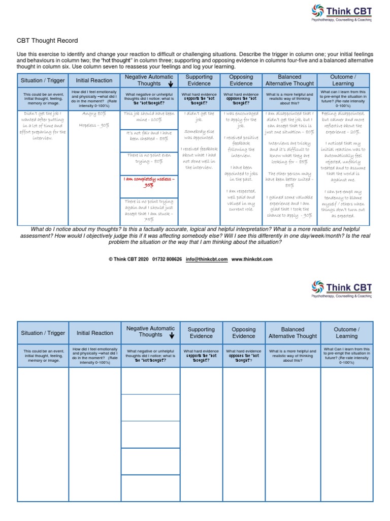 Example CBT Thought - Record V Think CBT 01072020 | PDF | Thought | Feeling