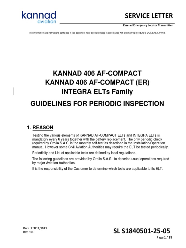 SL s1840501 25 05 Rev01 Kannad 406 Af Compact Integra Elts Periodic Inspection | PDF