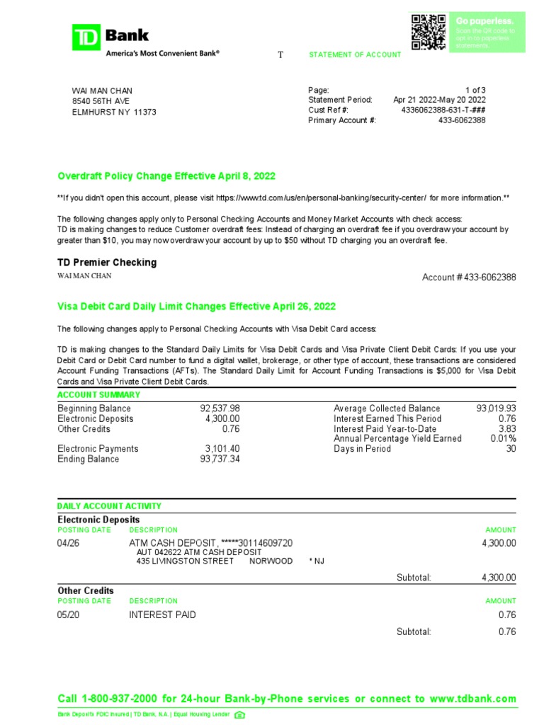 TD Statement 2pdf - 56344 | PDF | Debit Card | Transaction Account
