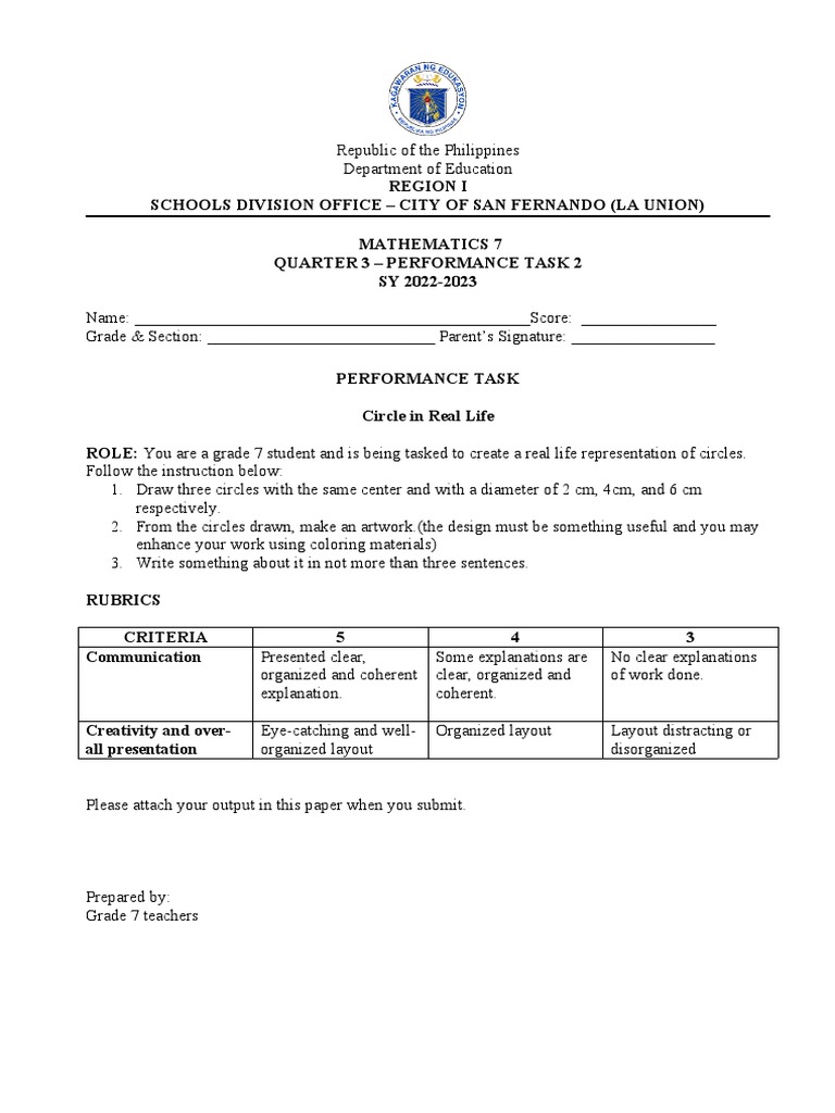 PERFORMANCE TASK Quarter 3 Math 7 | PDF | Mathematics