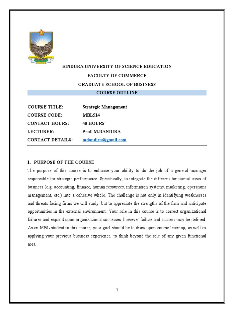MBL 514 Strategic Management Course Outline | PDF | Strategic ...