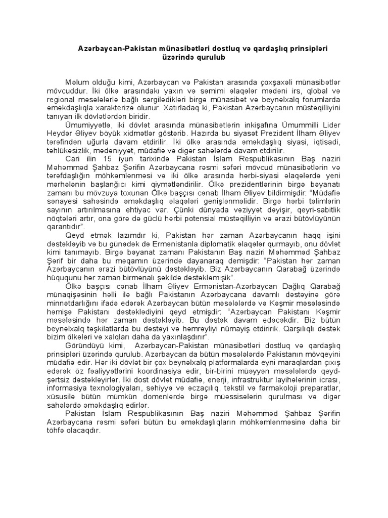 Azərbaycan-Pakistan Münasibətləri Dostluq VƏ Qardaşlıq Prinsipləri ...