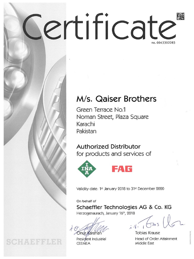 FAG Distributorship Certificate 2018-20 | PDF