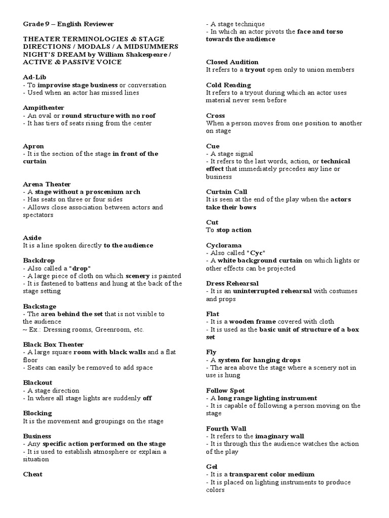 Grade 9 - Eng Reviewer Theater Terminologies | PDF | A Midsummer Night ...