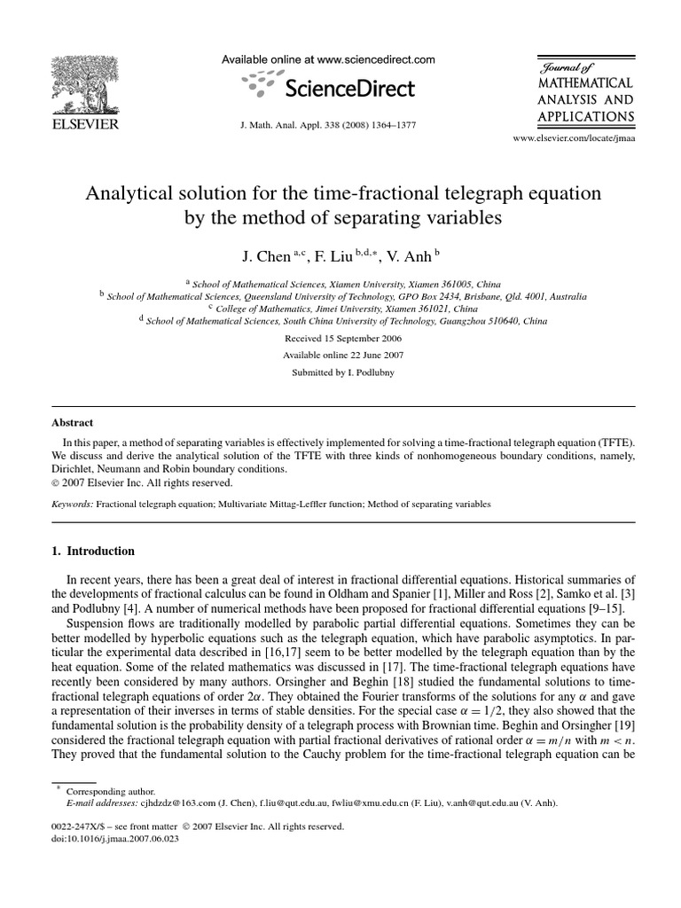 Analytical Solution For The Time Fractional Telegraph Equation Pdf Mathematical Objects