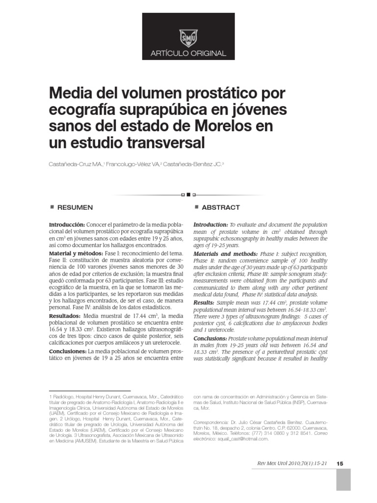 Media Del Volumen Prostático Por Ecografía Suprapúbica en Jóvenes Sanos ...
