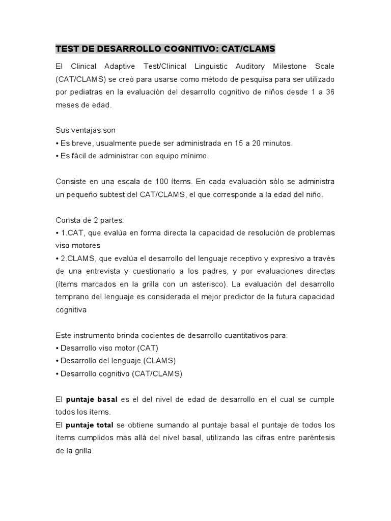 Evaluación Cognitiva Infantil: CAT/CLAMS | PDF | Mano