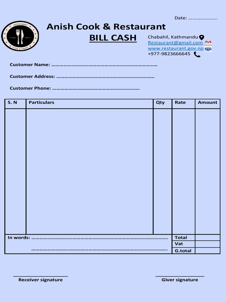 Restaurant Bill Format Template | PDF