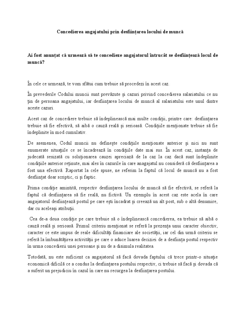 Articol Concediere Angajat Prin Desfiintarea Postului | PDF