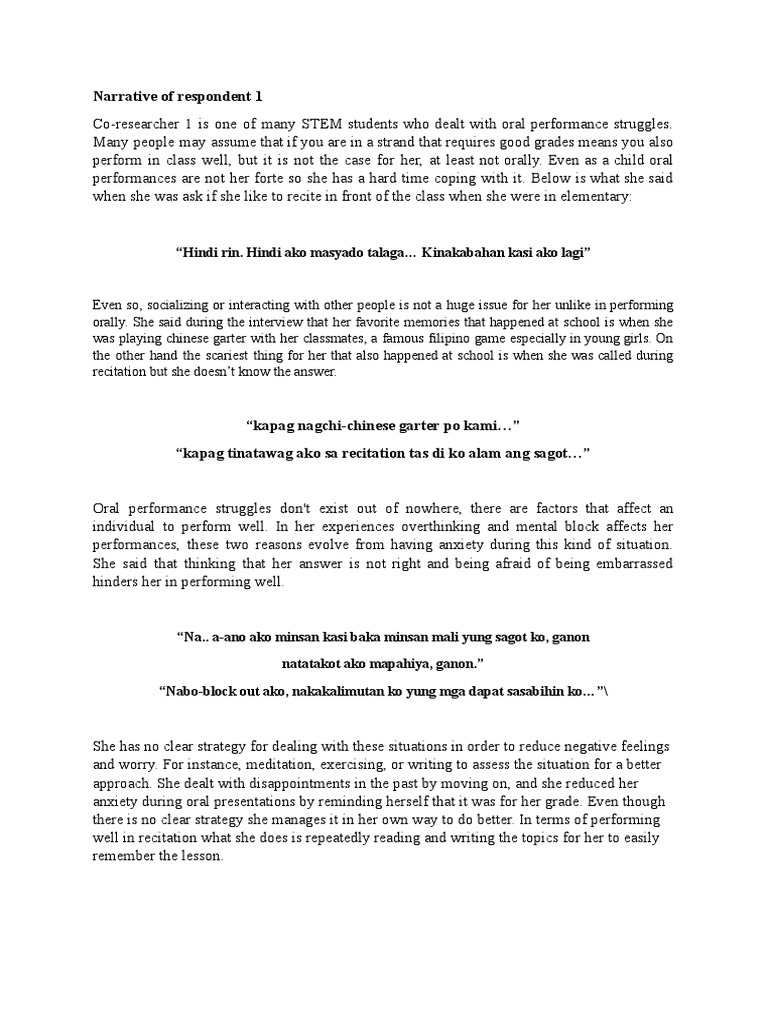 Narrative of Respondent 1 | PDF | Social Psychology | Psychological Concepts