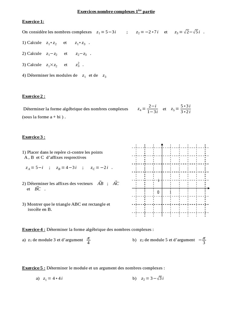 Exercices Nombres Complexes 1ère Partie | PDF | Nombre complexe | Algèbre générale