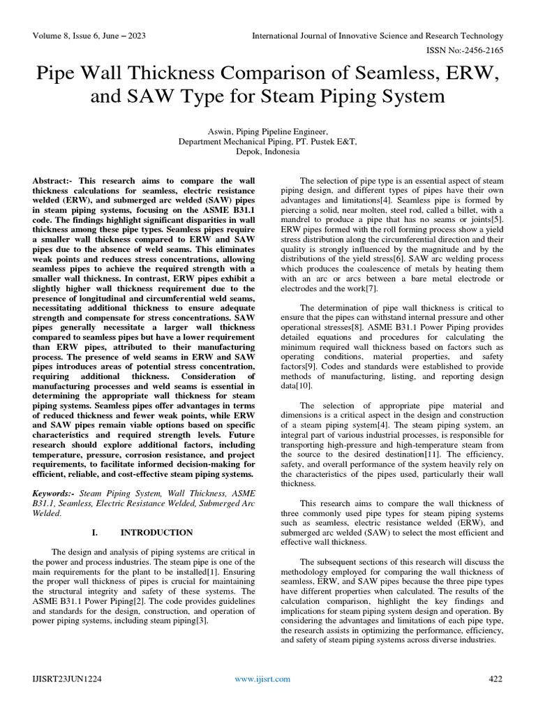 Pipe Wall Thickness Comparison of Seamless, ERW, and SAW Type For Steam Piping System | PDF ...