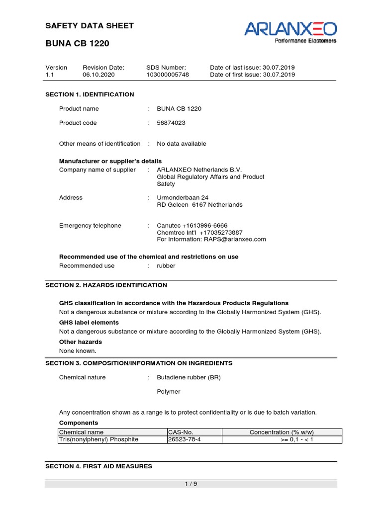 Buna CB 1220 AO Safety Data Sheet - 000000000056874023 - CA - E | Download Free PDF | Chemistry ...