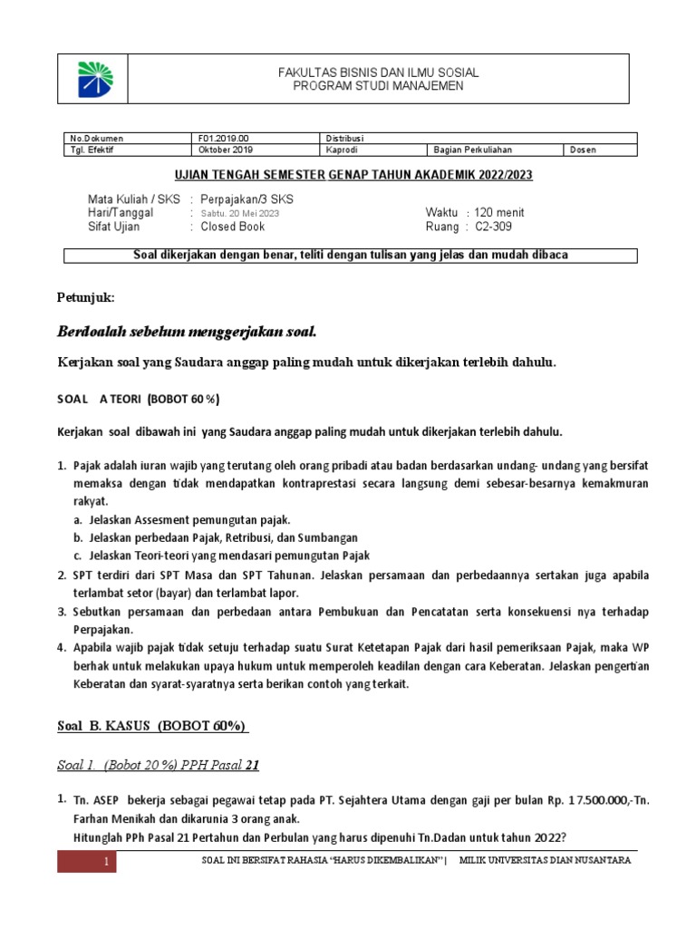 Perpajakan UTS 32211T6CA-Dikelas | PDF | Karier & Perkembangan | Pengelolaan Keuangan & Uang
