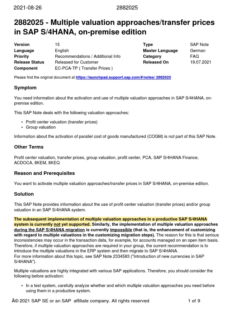 Multiple Valuation Approach - TP-S4HANA, On-Premise REL-19.07.2021 ...