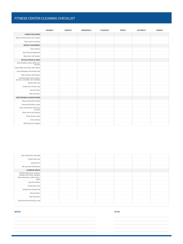 Fitness Center Cleaning Checklist - Daily schedule | PDF