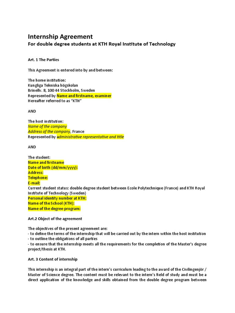 Agreement For Internship KTH | PDF | Internship | Job Hunting