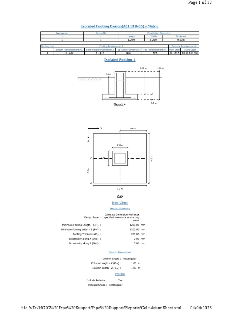 Pipe Support Analysis Report (Isolated Footing) | PDF | Physical ...