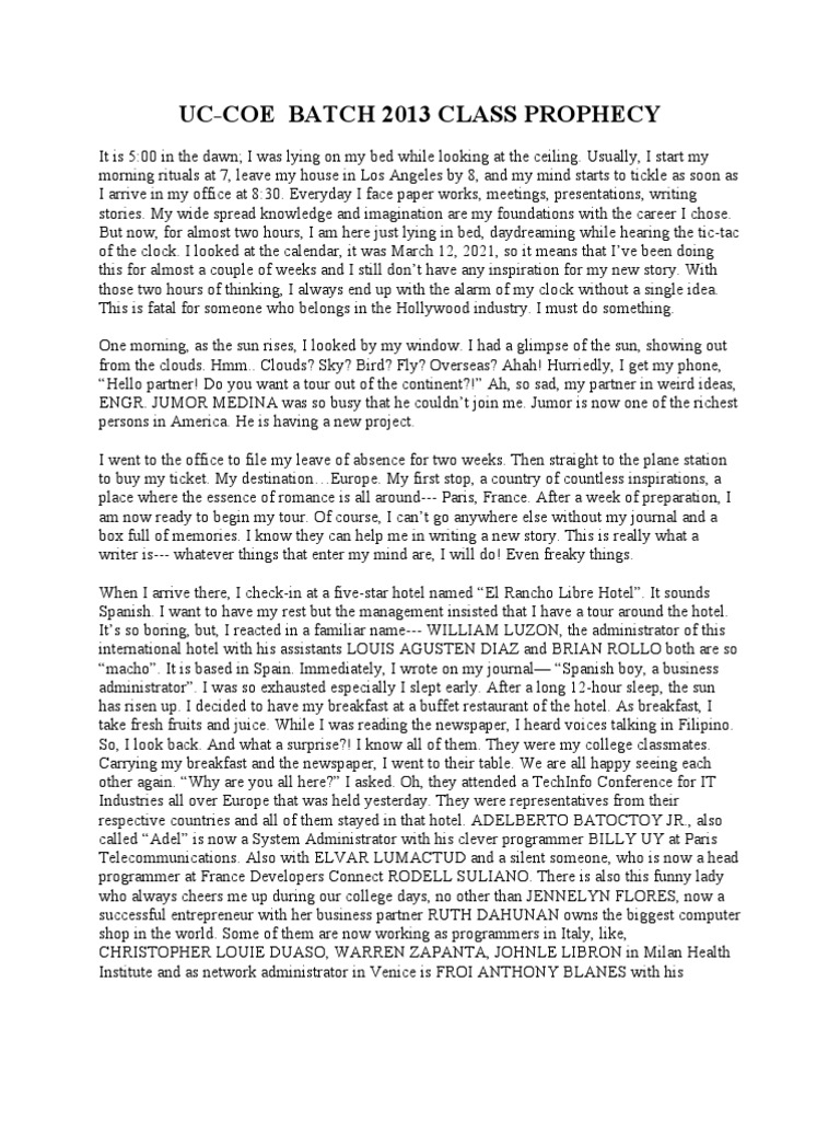 Batch 2013 Class Prophecy | PDF | Singing | Leisure