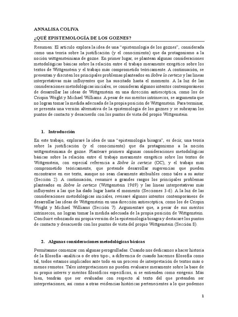 Annalisa Coliva - ¿Qué Epistemología de Los Goznes | PDF | Certeza ...