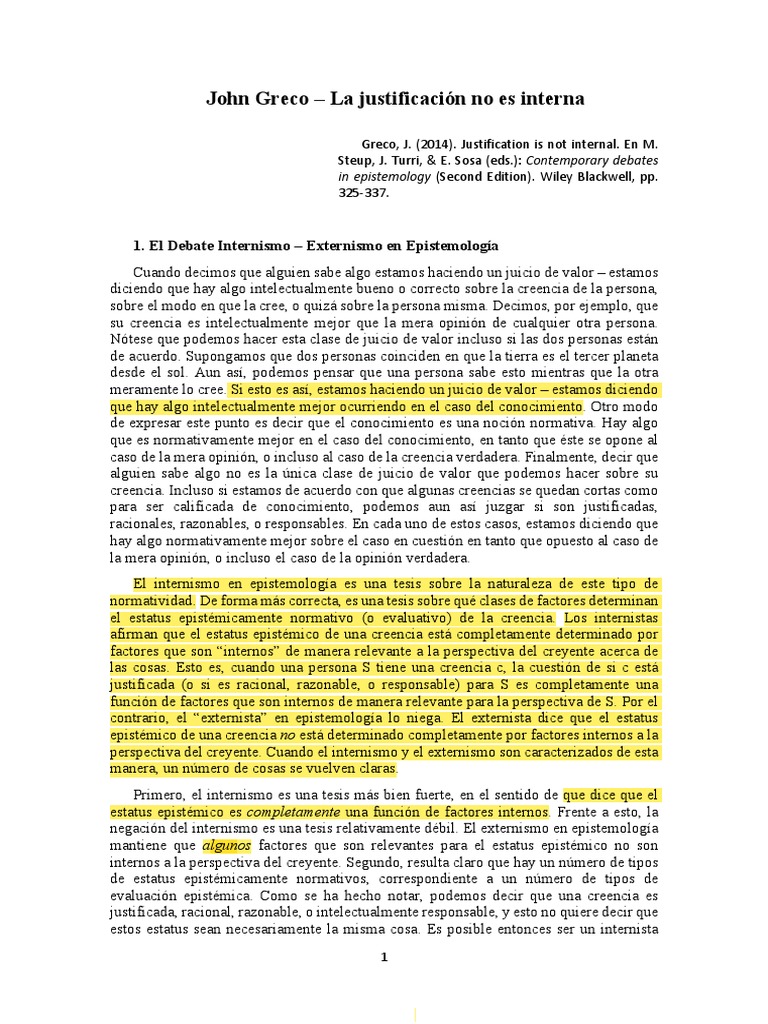 John Greco - La Justificación Es Interna | PDF | Evidencia | Conocimiento