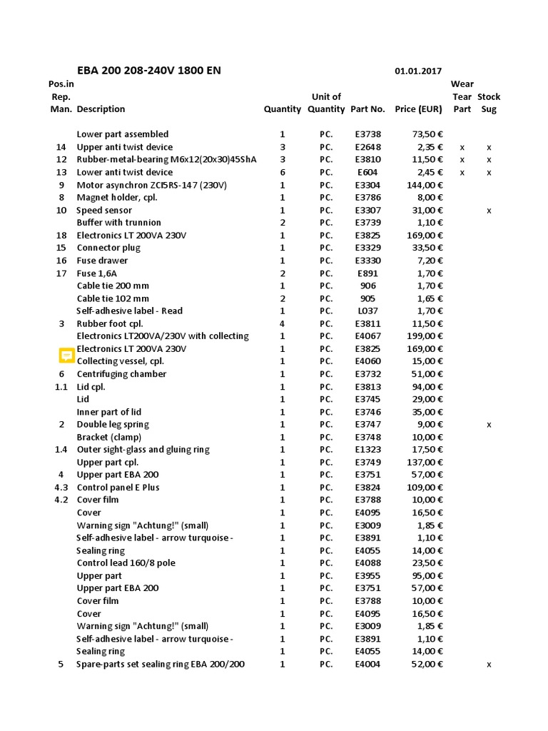 Spare Parts EBA 200 208-240V 1800EN | PDF | Manufactured Goods | Equipment