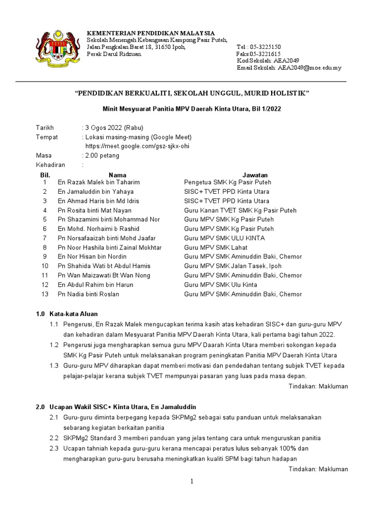 Minit Mesyuarat MPV 1 - 2022 | PDF