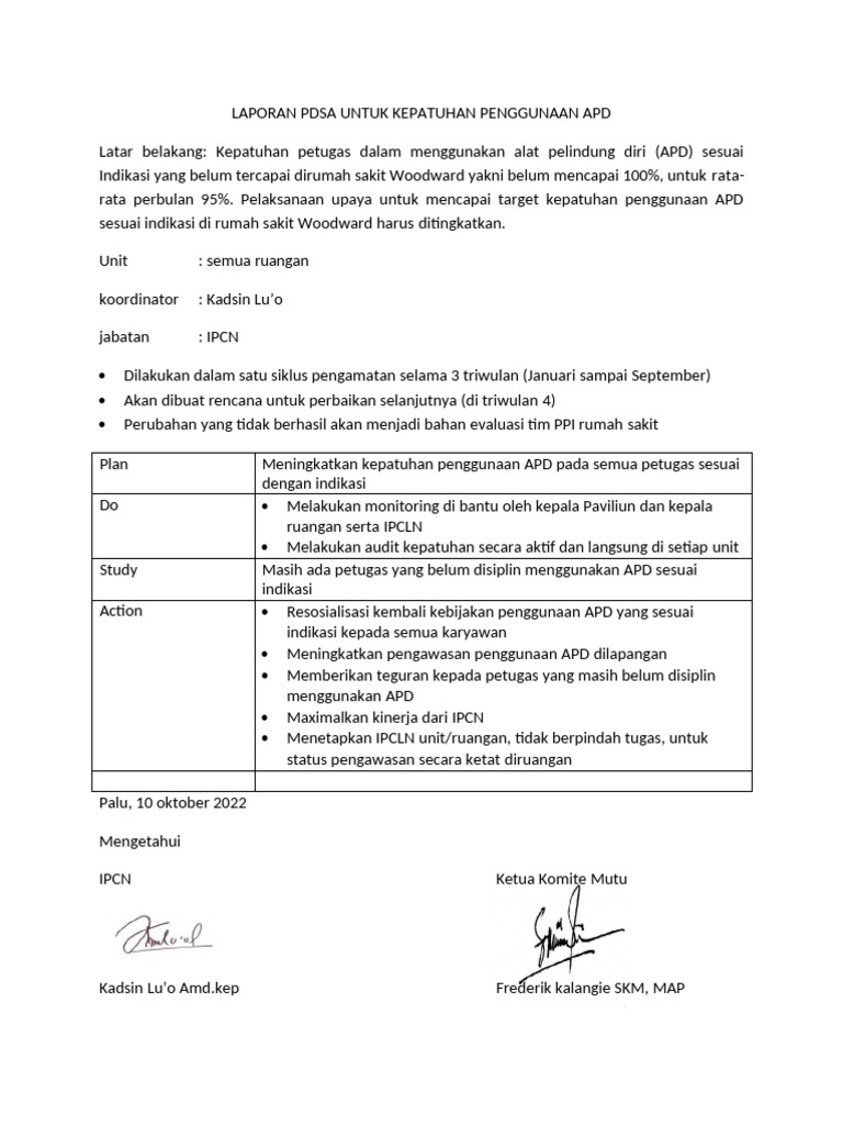 Laporan Pdsa Untuk Kepatuhan Penggunaan Apd | PDF