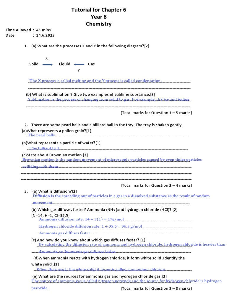 Aung Chan Paing Year 8 A2 Chemistry Tutorial 1 Test | PDF | Gases | Ammonia