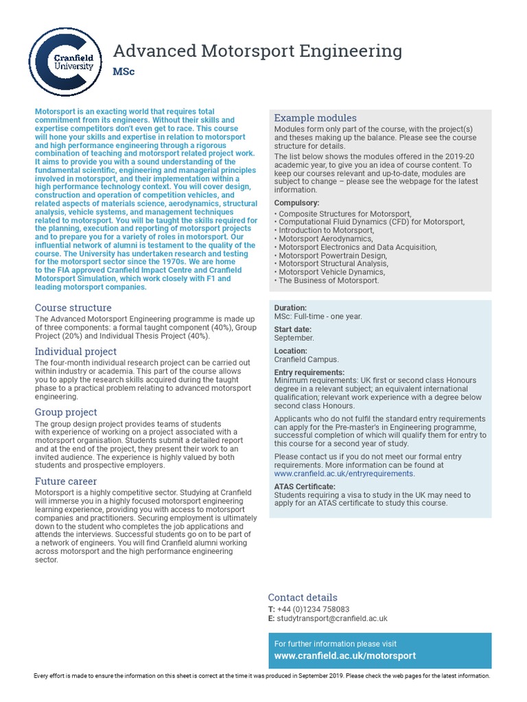 Advanced Motorsport Engineering MSc | PDF | Academic Degree | Engineering