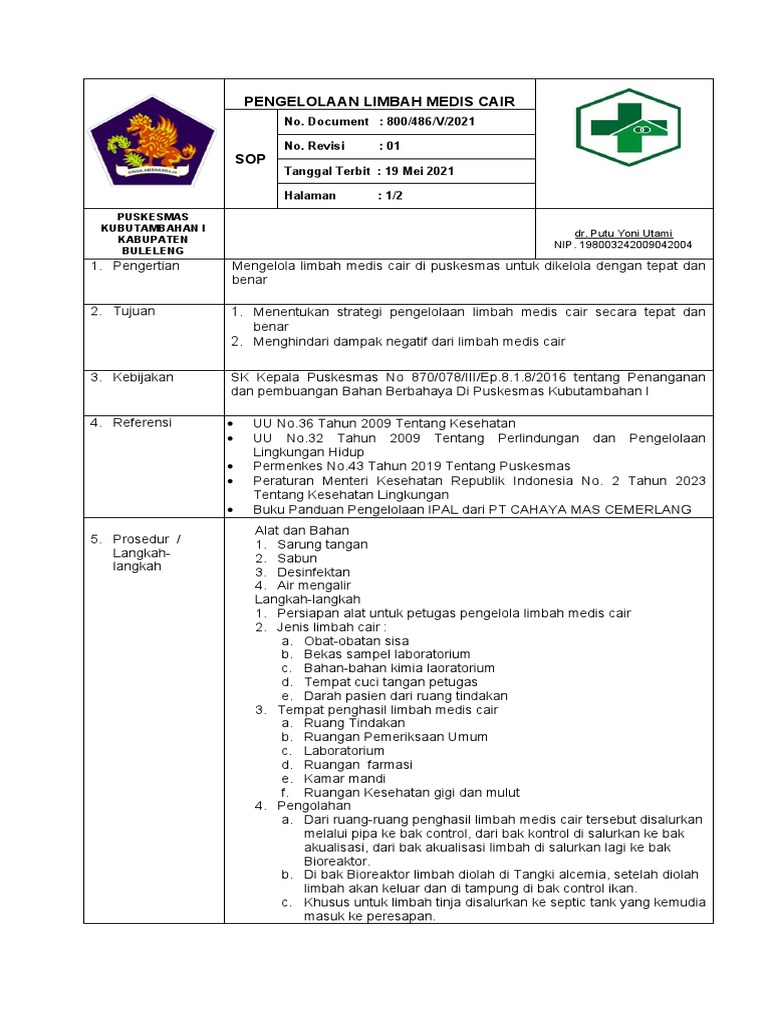 Sop - Pengelolaan Limbah Medis Cair | PDF