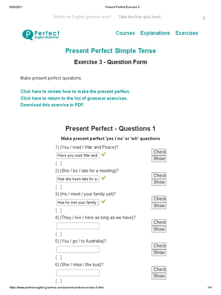 Present Perfect Exercises | PDF | Language Mechanics | Grammar