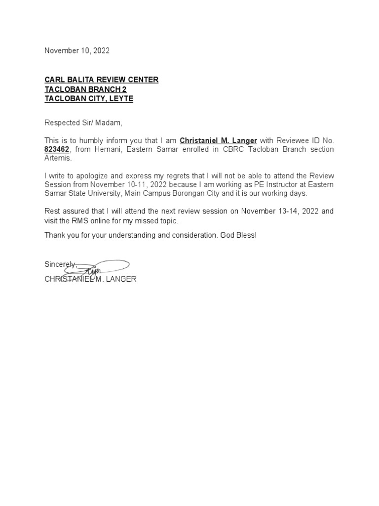 Excuse Letters for Review Session Absences | PDF